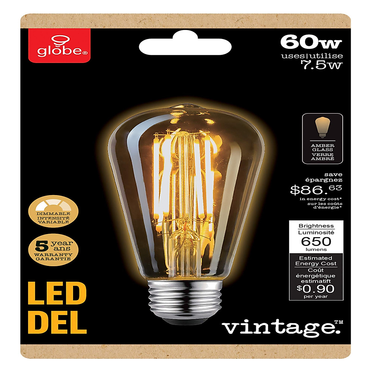 Globe Electric 34838 60W Equivalent Soft White (2150K) Vintage Edison ST19 Dimmable LED Light Bulb 4-Pack, E26 Base, 450 Lumens, Amber Glass, 4 Count (Pack of 1), 4 Piece