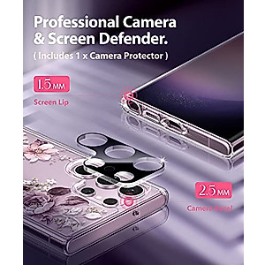 GUOVLIN for Samsung Galaxy S23 Ultra Case 6.8", [Camera Lens Protector] Flower Shockproof Hard Back & Soft Edge Clear Floral Women Protective Slim Bumper Phone Cover, 2023 (Alluring Purple)