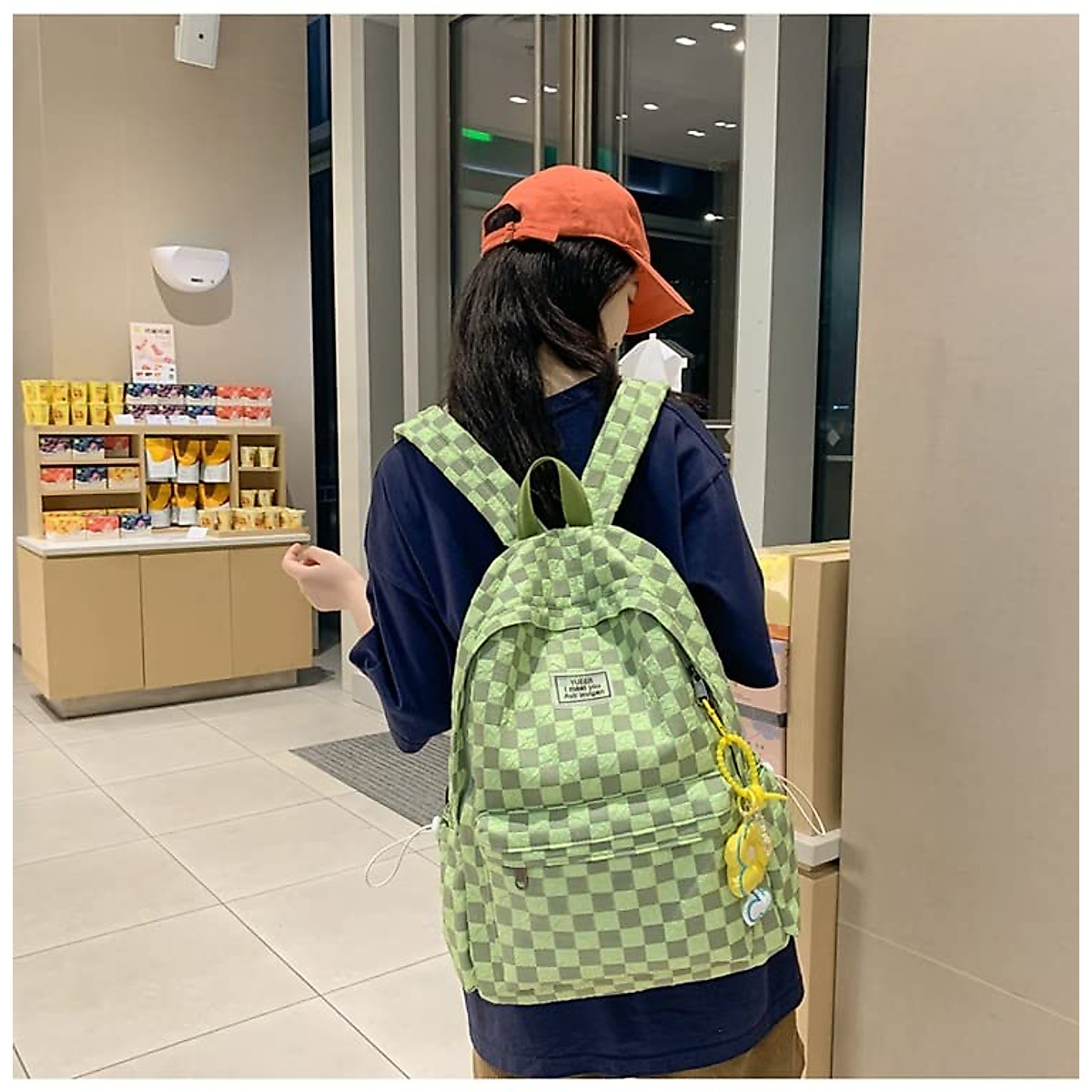 Kawaii Backpack with Cute Duck Pendant, Aesthetic Checkered School Bags BookBag Japanese Ita Bag Daypack (Green), One Size