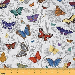 Colorful Butterfly Upholstery Fabric for Chairs, Dahlia Flower Fabric by The Yard, Wild Animals Floral Decor Fabric, Leaves Indoor Outdoor Fabric, Watercolor DIY Art Waterproof Fabric, 2 Yards