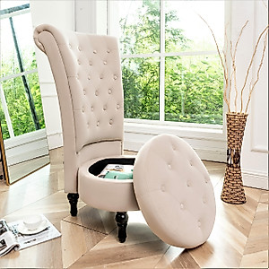 Container Furniture Direct Royal High-Back Velvet Accent Chair for Vanity with Storage and Luxurious Upholstery, Retro Design and Versatile Usage for Living Room, Bedroom, Lounge and Office, Ivory