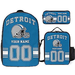 Midkepf Custom Detroit Backpack with Lunch Bag Pencil Case, Personalized Name and Number Backpacks Pencil Box Lunch Bags, Customize 3pcs Set Gifts for Men Women Fans