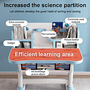 Kids Study Desk and Chair Set, Multi Functional Height Adjustable Children School Study Desk with Cartoon Pattern, Ergonomic Desk Chair with Large Writing Board, Bookshelf and Book Bucket (Blue)