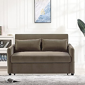 Aoowow Convertible Sleeper Sofa Bed 57 Inches, Velvet 2 Seats Sofa with Pull Out Bed,Loveseat Sofa Couch with Adjustable Backrest, 2 Pillows Side Pocket for Living Room Small Apartment (Light Brown)