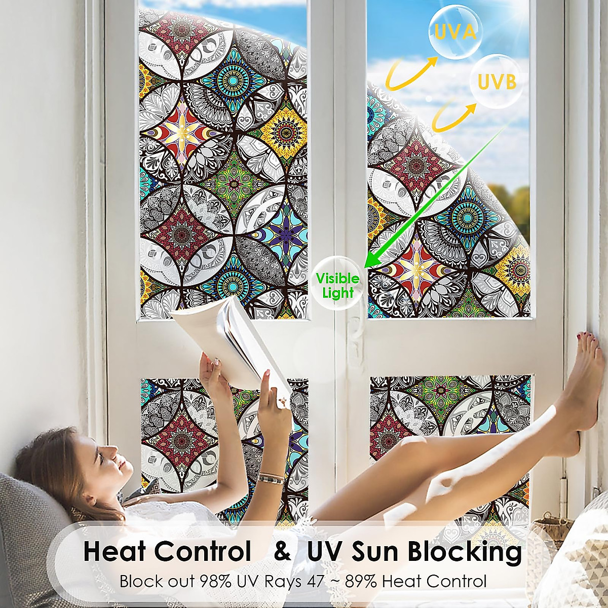 DKTIE Boho Chic Window Privacy Film with Installation Tools - Soften Light, Reduce UV Rays, Decorative Stained Glass Window Tinting Film for Home, Window Clings, 17.5 x 78.7Inch, Peacock Blue