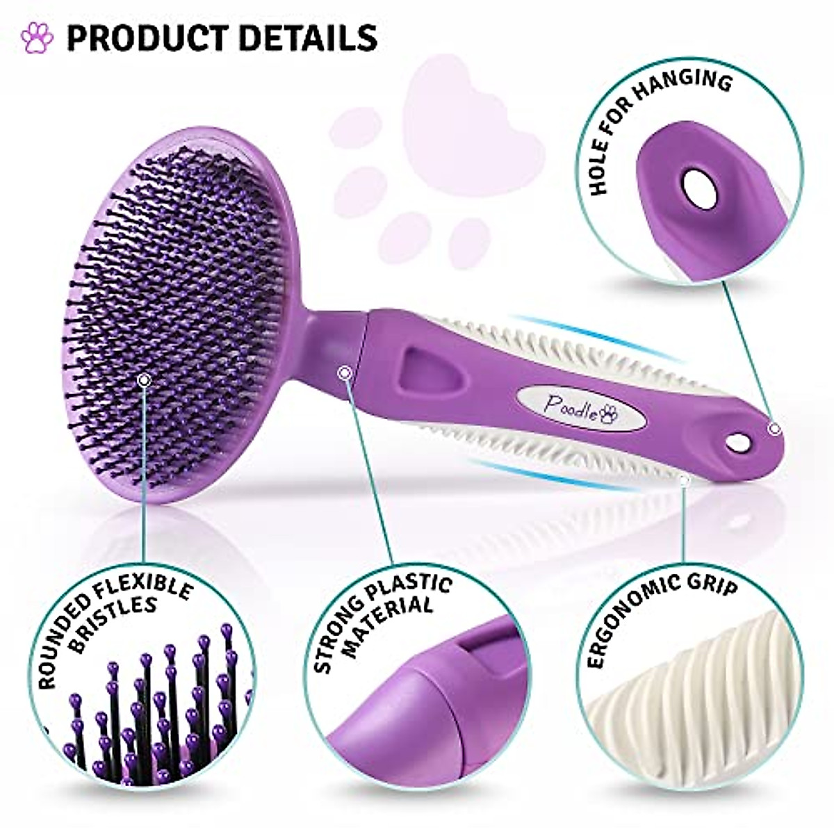 Round Bristle Pet Brush for Dogs and Cats - Gentle Grooming for Short or Long Hair - Soft Tool for Sensitive Skin Removes Dander, Dirt, and Detangles - Purple