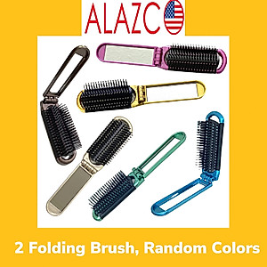 ALAZCO 2 Assorted Colors Folding Hair Brush With Mirror Compact Pocket Size Travel Car Gym Bag Purse Locker Swimming Camping Sleepover Gift and more