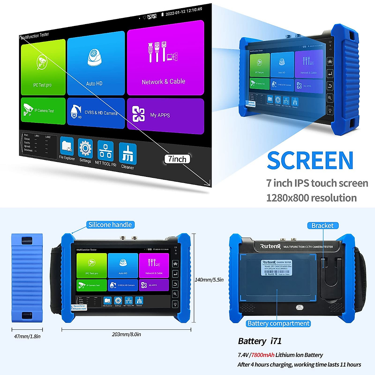 Rsrteng CCTV Tester,IPC-7600CADHS Plus 8K 32MP IP Camera Tester with Cable Tracer 4K 8MP AHD CVI TVI SDI CVBS Coaxial Camera Tester 7” Touch Screen Monitor Support HDMI VGA TDR WiFi Audio POE RS485