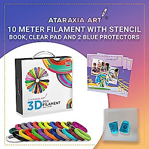 ATARAXIA ART 3D Pen PLA Filament Refill, 24 Colors, Each Color 10m/33 ft, Total 782 feet, 3DPen Filament with Stencils Book, Reusable Colorful 40 Pattern Printing Paper, Clear Pad & 2 Finger Caps