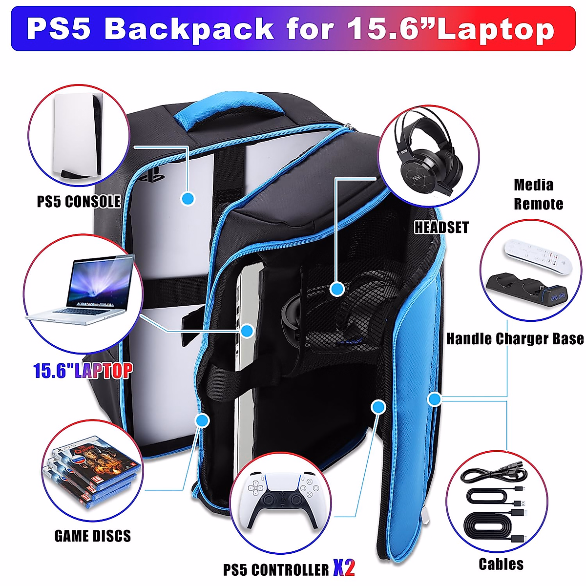 PS5 Backpack Travel Bag Slim - 15.6" PS5 Backpack Bag, PS5 Carrying Case Travel Bag, PS5 Backpack Compatible with Playstation 5 Disc/Digital/Slim Edition Console, Controller, Base, Game Discs, Laptop