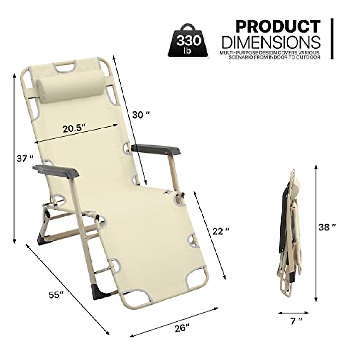 MoNiBloom Folding Beach Lounge Chair, Fixed 135° Angles Patio Outdoor Furniture Camping Pool Side Beach Lawn Lounger Chair with Adjustable Headrest for Lawn Backyard, 330lbs Capacity