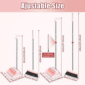 Broom and Dustpan Set with Dustpan Teeth SelfCleaning, Upright Stand Duspan and Brush with 53'' Long Adjustable Handle for Indoor&Outdoor Sweeping Home Office Floor Cleaning Broom with Dust pan-Pink