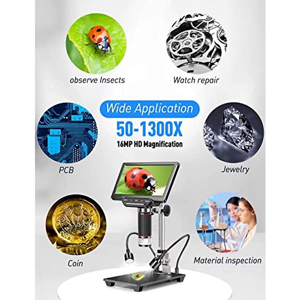 Dcorn 7" HDMI LCD Digital Microscope,1300X Coin Microscope for Adults,16MP Micro Soldering Video Microscope with LED Lights Touch Control, Windows/Mac OS/TV Compatible