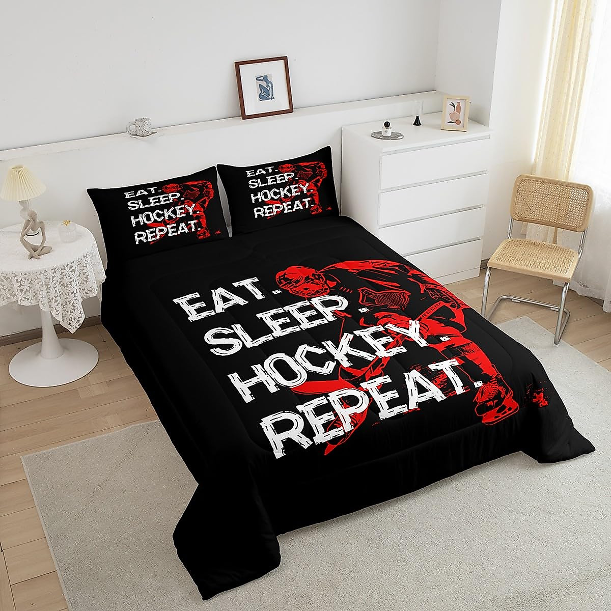 Hockey Comforter Twin for Kids Boys Teens,Black Red Grey Eat Sleep Hockey Bedding Set Warm,Ice Hockey Player Down Comforter Bedroom Decor,Graffiti Winter Sports Game Quilted Duvet with 1 Pillow Sham