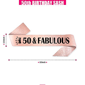 PartyForever Happy 50th Birthday Decorations for Women Rose Gold Supplies Big Set including Happy Birthday Banner with 50 and Fabulous Bday Sash for Her Party Decor