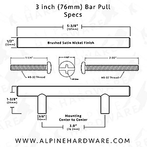 ALPINE HARDWARE PREMIUM SOLID Euro Style Bar Handle Pull-25Pack ~3 In Hole Center & 5 3/8 In Length-Heavy Stainless Steel Bar Handle Pull W/ Satin Gold/Brass Finish-AMERICAN Owned Cabinet Hardware