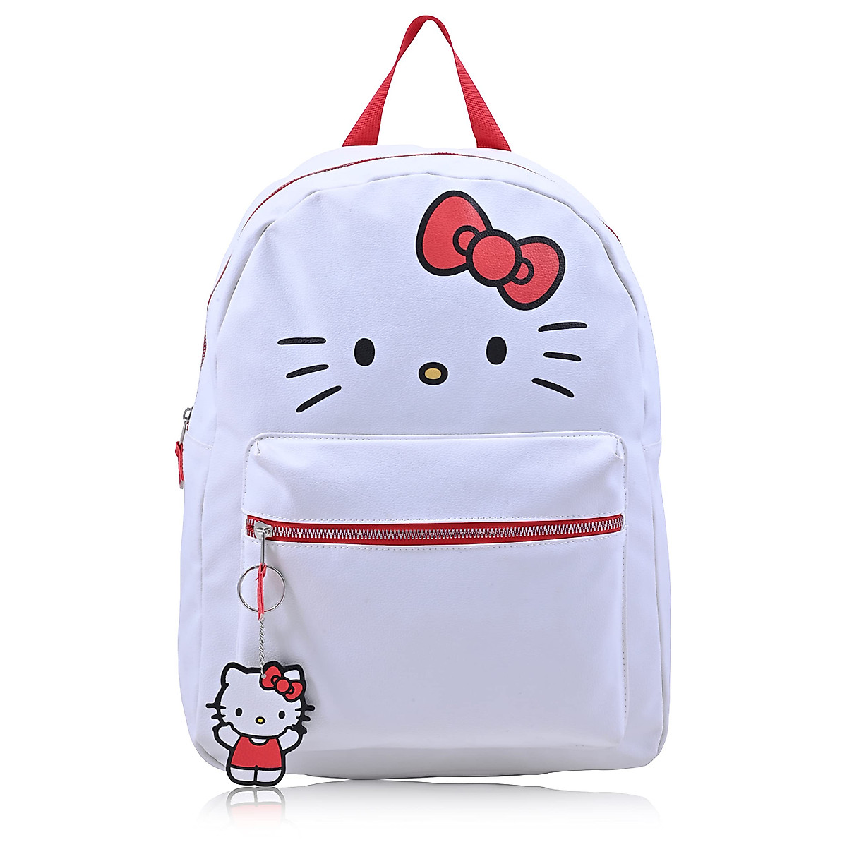 Hello Kitty Womens Backpack Large Faux Leather Bookbag Double Strap Shoulder Bag with 3D Design and Keychain (White-Red)