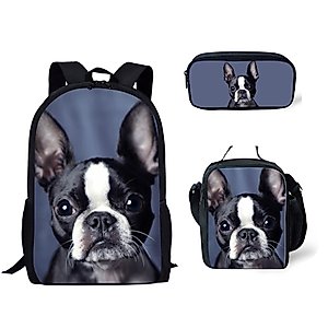 Bulopur Boston Terrier Dog School Bags 3 Pcs Set for Teenager Boys Girls, 3D Puppy Daypack Lunch Box Pencil Bag for Middle School, Steel Blue Book Laptop Backpack