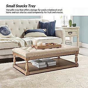HULALA HOME Rectangle Ottoman Coffee Table with Tray, Tufted Living Room Ottoman with Solid Wood Storage Shelf, Upholstered Large Footrest Ottoman - Linen
