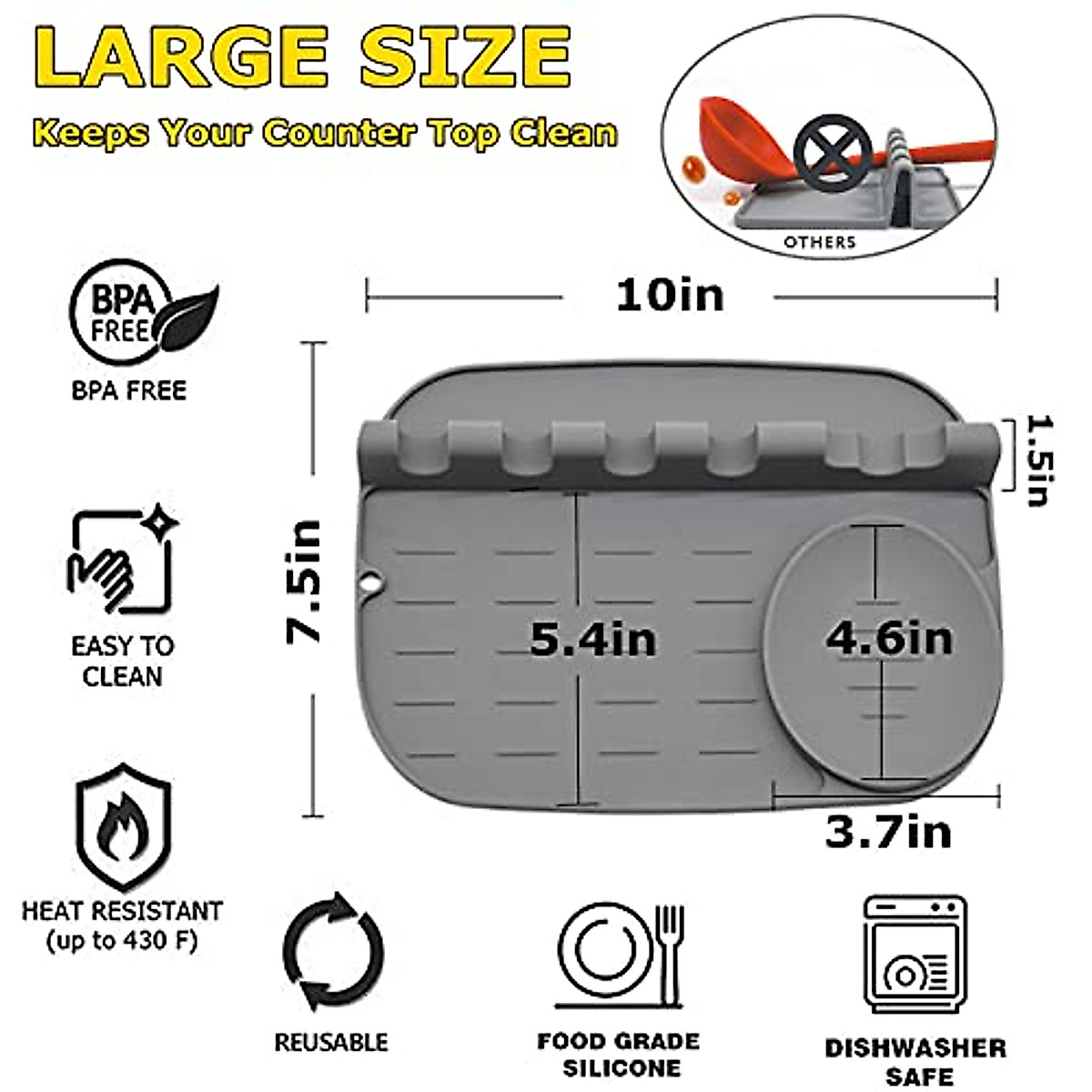 Silicone Spoon Rest 2 in 1 Larger Size Utensil Rest for Kitchen Counter Stove Top, Upgraded Spoon Holder with Drip Pad Include 4 Slots & 1 Spoon Holder, Gray