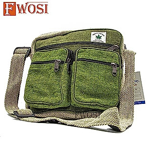 Fwosi Hemp Crossbody Messenger Bag - Unisex School Tote for Men & Women - Lightweight, Bohemian Shoulder Sling Bags - 4 Compartments, Zipper Closure, Adjustable Strap - Handmade in Nepal - Green
