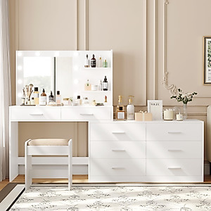 Rovaurx 65" W Makeup Vanity Set with Mirror and 3-Color Lights, Large Vanity Table with 8 Drawers & Side Storage Shelf, Adjustable Width, Bedroom Dressing Table with Stool, for Women, White RSZT109WD