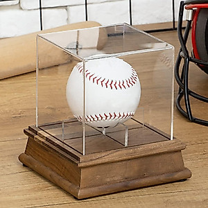 Tebery Baseball Display Case Wooden Stand, UV Protected Acrylic Cube Baseball Holder, Memorabilia Autograph Base Display Case with Clear Cover, Square Storage Stand Box, Fits Official Size Ball