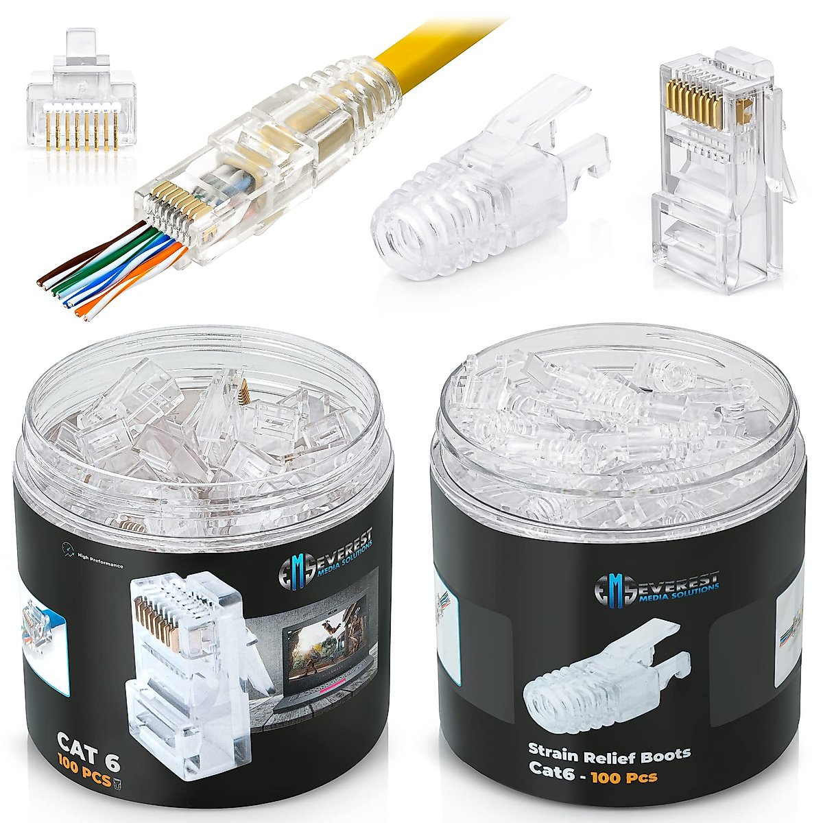 Everest Media Solutions RJ45 Cat6 Pass Through Connectors and Strain Relief Boots - Pack of 100/100 - EZ to Crimp Modular Plug for Solid or Stranded UTP Network Cable - Male Ethernet Connector End