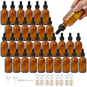 STARSIDE 24 Pack 2 oz Amber Glass Dropper Bottles for Essential Oils,60 ml Glass Bottles with Glass Droppers for Lab Chemicals,Perfumes.Included 1 Brush,2 Funnels and 24 Labels