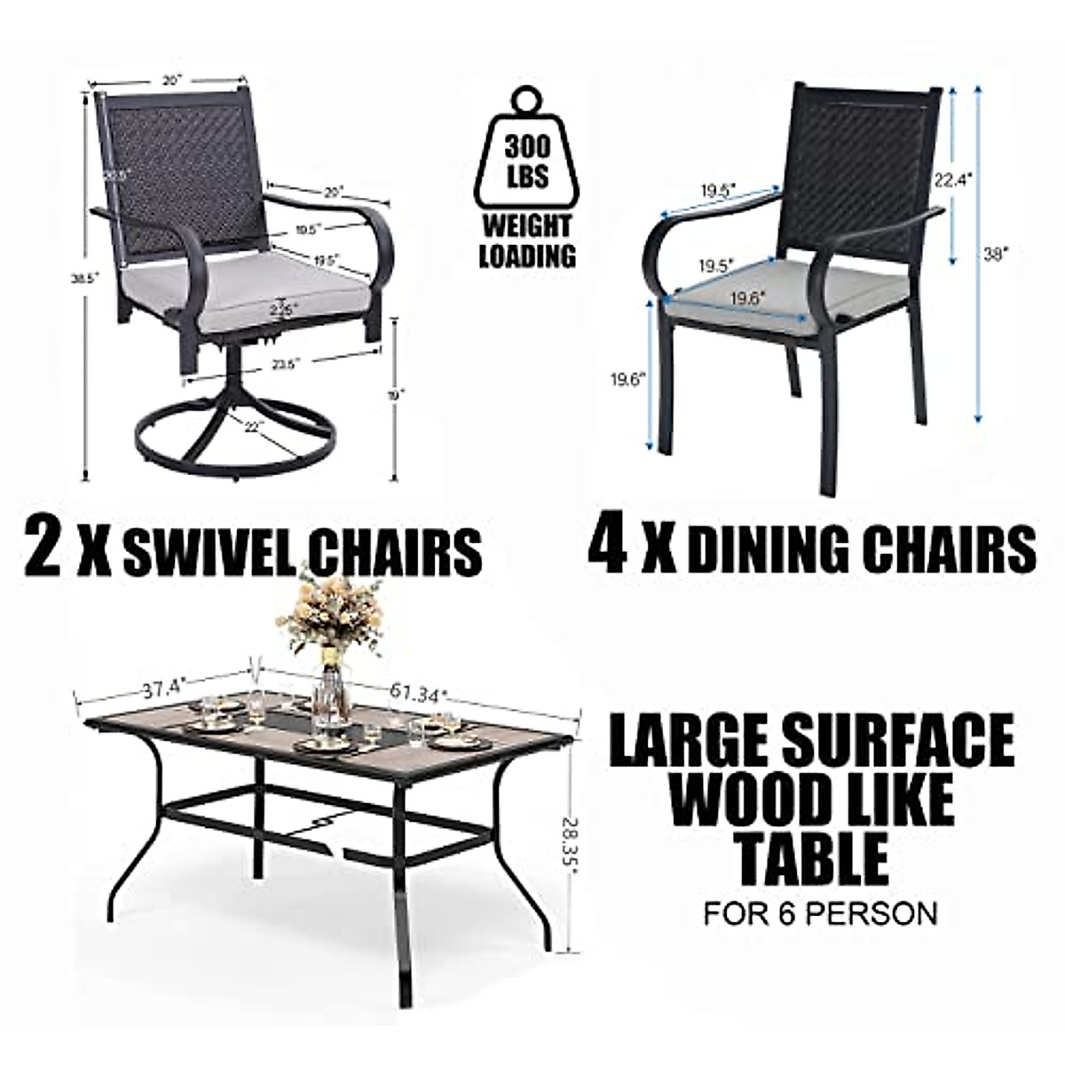 HERA'S HOUSE 7 Pieces Wicker Patio Dining Set, Rattan Outdoor Furniture Set for 6, 4 Dining Chairs, 2 Swivel Chairs, 1 Rectangular Wood Like Patio Table, All Weather Resistant for Lawn Garden Backyard