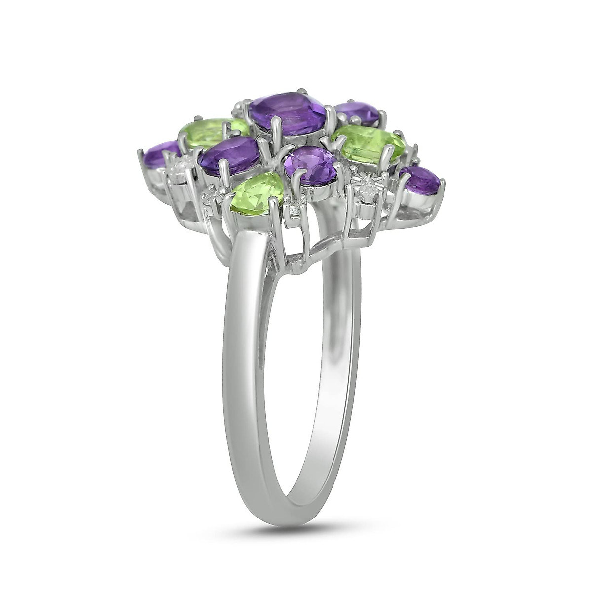 Jewelili Sterling Silver 4 MM Cushion Cut, 4x3 MM Oval and Round Amethyst with 4x3 MM Pear and Oval Cut Peridot and Diamond Accent Engagement Ring Size 7