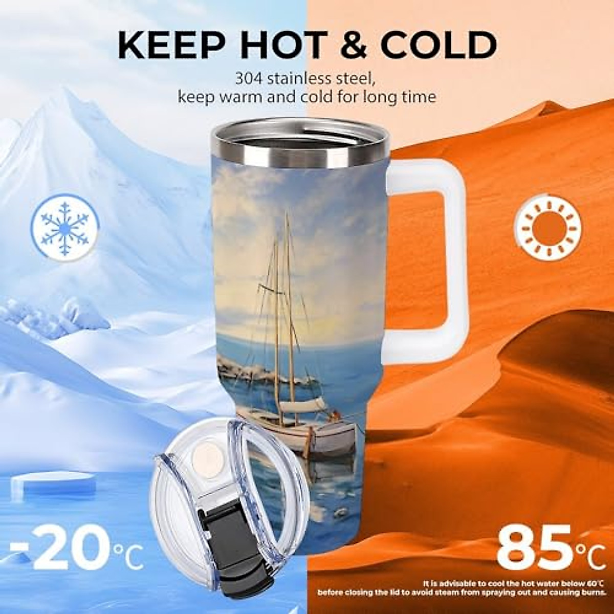 40 Oz Romantic Entitled Seaport Insulated Stainless Steel Tumbler with Handle & Straw Lid, Reusable Travel Cupholder Friendly Mug for Coffee, Water, Tea