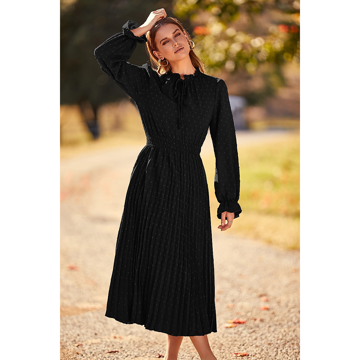 PRETTYGARDEN Women's 2024 Fall Midi Dress Casual Long Sleeve V Neck Swiss Dot Pleated A Line Flowy Dresses (Black,Medium)