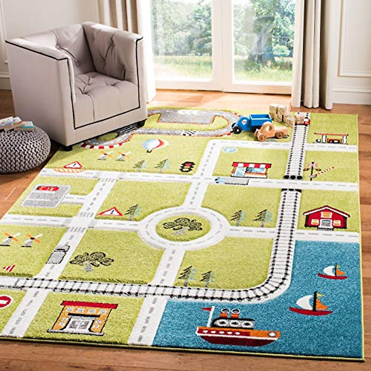 SAFAVIEH Carousel Kids Collection 5'3" x 7'6" Green / Ivory CRK192Y Neighborhood Nursery Playroom Area Rug