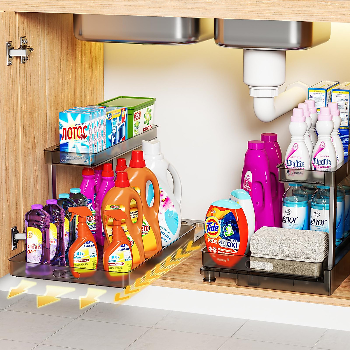 2 Pack Under Sink Organizer and Storage, 2 Tier Sliding Under Sink Shelf, L Shaped Pull Out Cabinet Basket Organizer, Multi-Purpose Slide Out Organizer Rack for Bathroom, Kitchen