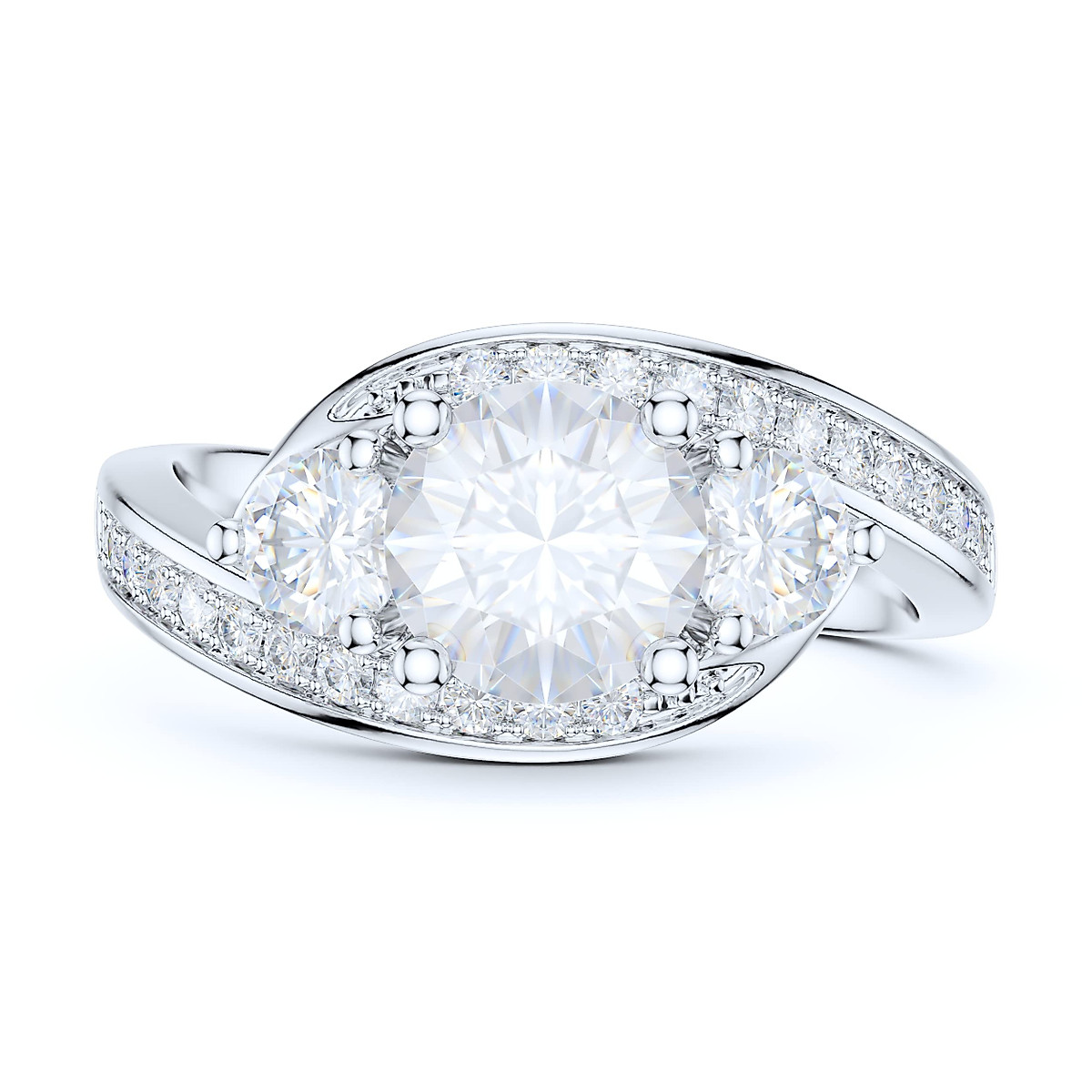 PRSTANI Sterling Silver Fancy Split Three Stone Style Round Brilliant Cut Genuine Moissanite Promise Engagement Ring (8)