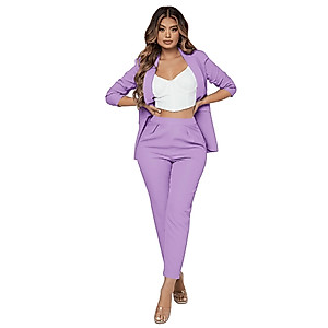 SweatyRocks Women's 2 Piece Solid Ruched Sleeve Blazer and Pants Business Office Suit Set Lilac Purple XL