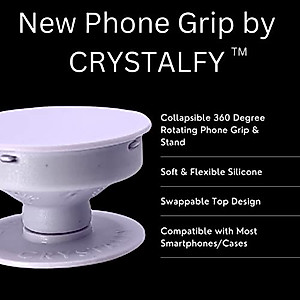 CRYSTALFY Crystal Phone Grip & Phone Stand: Authentic Natural Gemstone Swappable Top, Expandable Collapsible Holder for Smartphones and Tablets (Clear Druzy)