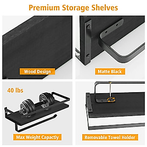 BESy Floating Shelves Wall Mounted Storage Shelves with Towel Rack Rails Bar, Paper Towel Holder with Shelf for Kitchen, Bathroom Tissue Roll Hanger, Matte Black Metal Frame, Set of 2 Black