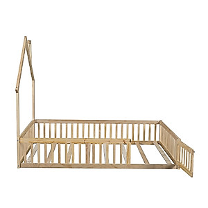Merax Montessori Floor Bed with Fence and Door for Toddlers, Girls, Boys Pine Wood Bedframe Safety Guardrails for Children's Room, House-Shaped Headboard Kids Playroom, Full Size with Slats, Natural