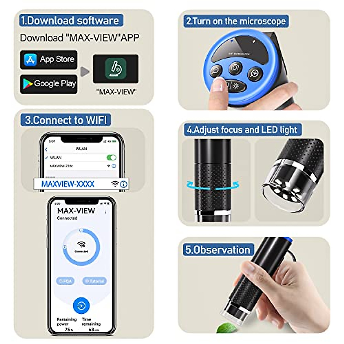 Wireless Digital Microscope, SKYBASIC 50X-1000X Magnification WiFi USB HD Portable Handheld Pocket Microscopes Camera with 8 Adjustable LED Compatible with iPhone iPad Android Windows Mac Computer