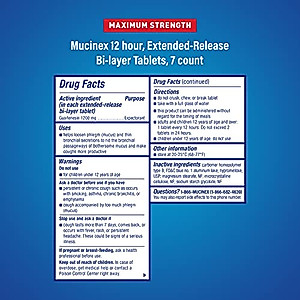 Mucinex 12 Hour Maximum Strength 1200 mg Guaifenesin Extended-Release Tablets for Excess Mucus Relief, Expectorant Aids Excess Mucus Removal, Chest Congestion Relief, 7 Tablets