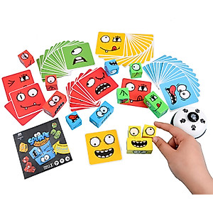 Wooden Face Changing Magic Cube Game, Expression Puzzle Building Blocks Pattern Matching Game, Educational Puzzles Toy Board Games for Kids and Adults with Bell