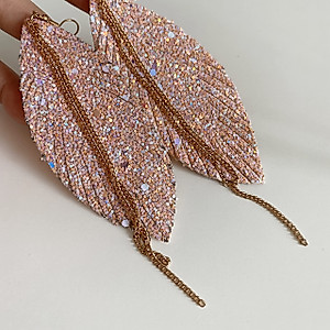 JIUIQL Unique Handmade Fashion Large Leopard Soft Leather Fringe Feather Dangle Drop Color Earrings Lightweight Faux Leather Sparkly Shine Glitter Leaf Earring for Women Statement Jewelry Gifts (Pink)