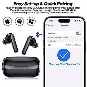 kurdene TWS G01 Bluetooth 5.3 LE Audio Earbuds Headphones, Built-in Microphone with Immersive Deep Bass & Clear Call, IPX5 Waterproof Ear Buds for iPhone, Android -Black