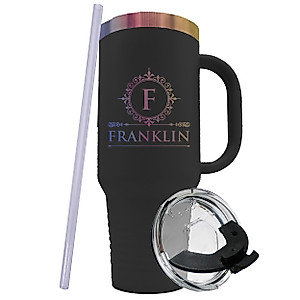 Custom Monogrammed 40 oz Tumbler with Handle, Lid and Straw - Personalized Insulated Stainless Steel Large Cup (Black with Prism)