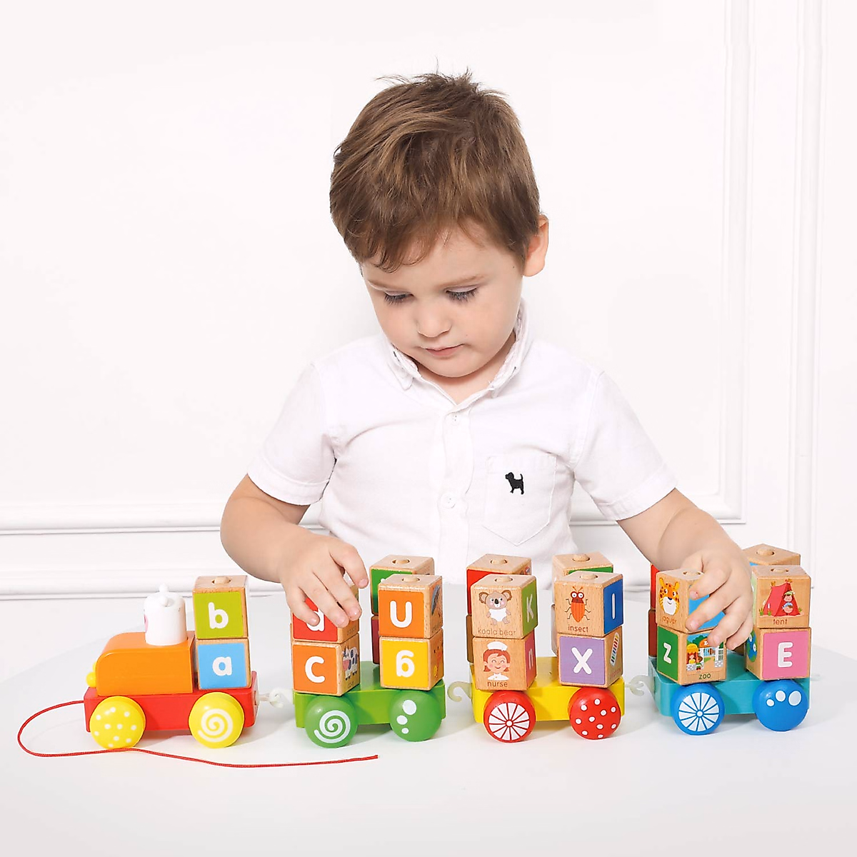 Garlictoys ABC Wooden Block Cart Sorting Stacking, Wood Alphabet Blocks Building Games Montessori Preschool Learning Educational Toys for Baby Stacking.Great Gift for Girls and Boys for 3+ Years Olds.