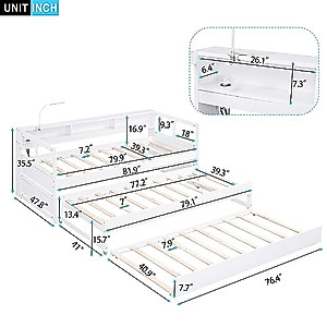 Epinki Twin XL Wood Daybed with 2 Trundles, 3 Storage Cubbies, 1 Light for Free and USB Charging Design, White, Kids Bed