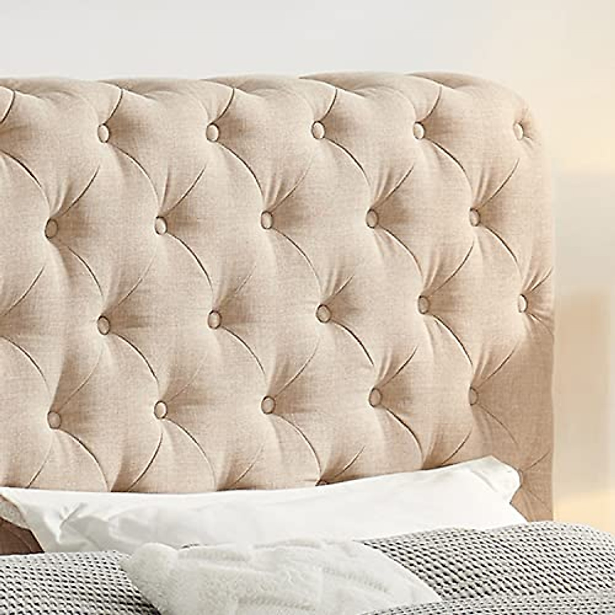 Rosevera Serento Upholstered Tufted Platform Bed, Upholstered Bed with Deep Button Tufting and Custom Gold Metal Legs, King Bed Frame, Easy Assembly, King, Beige