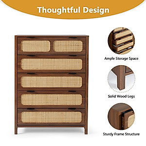 LEVNARY 5 Drawer Chest Dresser, Rattan Tall Dresser 5 Chest of Drawers Dressers for Bedroom, Wooden Storage Cane Cabinet with Metal Handles for Living Room Hallway (Walnut)